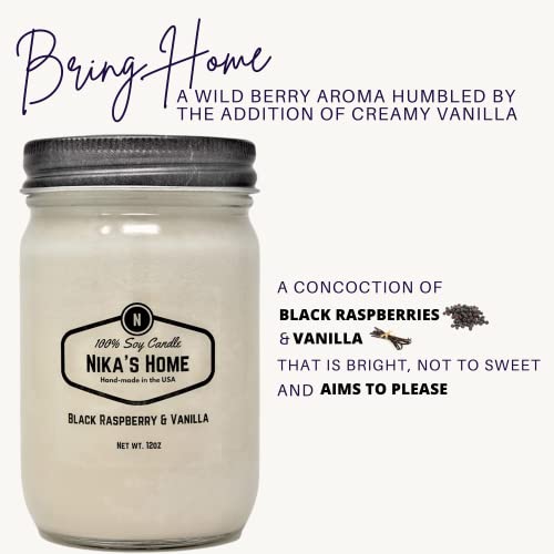 Nika's Home Black Raspberry & Vanilla Soy Candle 12oz Mason Jar Non-Toxic White Soy Candle-Hand Poured Handmade, Long Burning 50-60 Hours Highly Scented All Natural, Clean Burning Gift Décor