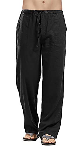 utcoco Qiuse Men's Casual Loose Fit Straight-Legs Stretchy Waist Beach Pants (Large, Black)