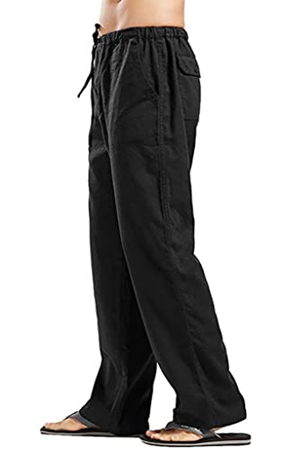 utcoco Qiuse Men's Casual Loose Fit Straight-Legs Stretchy Waist Beach Pants (Large, Black)