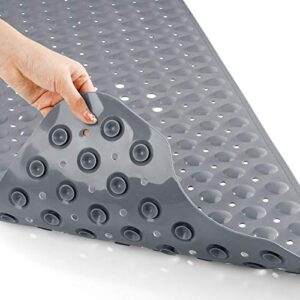 yimobra original bath tub shower mat extra long 16 x 40 inches, non-slip with drain holes, suction cups, machine washable, phthalate free, latex free, bpa free, bathroom mats, gray