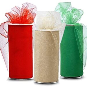 Holiday Colors Tulle Roll - 3 Holiday Colors Tulle Fabric Rolls, Classic Green, Red and Gold, 6 Inches by 25 Yards Each (75 feet).