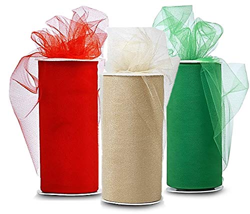 Holiday Colors Tulle Roll - 3 Holiday Colors Tulle Fabric Rolls, Classic Green, Red and Gold, 6 Inches by 25 Yards Each (75 feet).