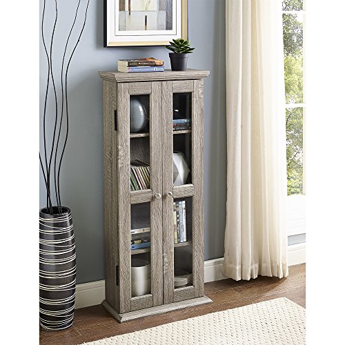 Walker Edison 4 Tier Shelf Living Room Storage Tall Bookshelf Cabinet Doors Home Office Tower Media Organizer, 41 Inch, Grey