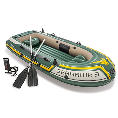 INTEX 68380EP Seahawk 3 Inflatable Boat Set: Includes Deluxe 54in Aluminum Oars and High-Output-Pump – SuperStrong PVC – Fishing Rod Holders – 3-Person – 790lb Weight Capacity