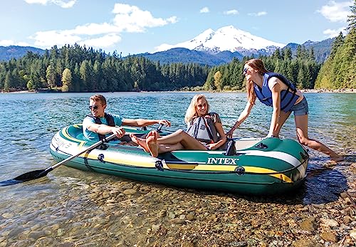 INTEX 68380EP Seahawk 3 Inflatable Boat Set: Includes Deluxe 54in Aluminum Oars and High-Output-Pump – SuperStrong PVC – Fishing Rod Holders – 3-Person – 790lb Weight Capacity