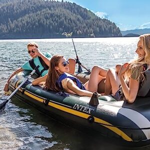 INTEX 68380EP Seahawk 3 Inflatable Boat Set: Includes Deluxe 54in Aluminum Oars and High-Output-Pump – SuperStrong PVC – Fishing Rod Holders – 3-Person – 790lb Weight Capacity