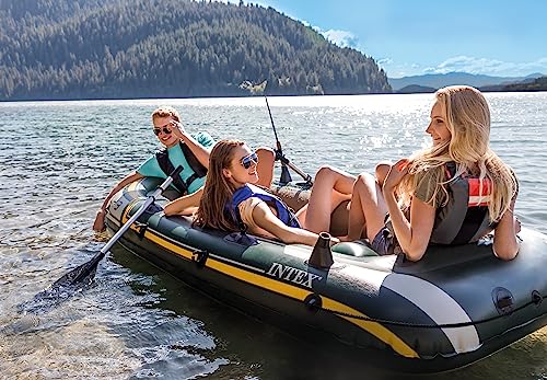 INTEX 68380EP Seahawk 3 Inflatable Boat Set: Includes Deluxe 54in Aluminum Oars and High-Output-Pump – SuperStrong PVC – Fishing Rod Holders – 3-Person – 790lb Weight Capacity