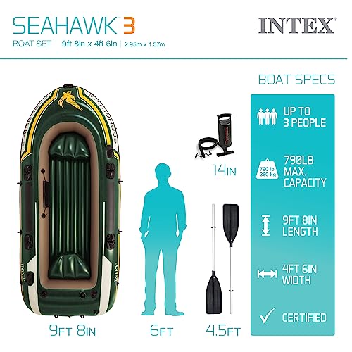 INTEX 68380EP Seahawk 3 Inflatable Boat Set: Includes Deluxe 54in Aluminum Oars and High-Output-Pump – SuperStrong PVC – Fishing Rod Holders – 3-Person – 790lb Weight Capacity