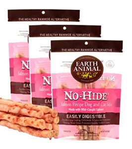 earth animal no hide stix salmon flavored natural rawhide free dog chews long lasting dog chew sticks | dog treats for small dogs and cats | great dog chews for aggressive chewers (3 pack)