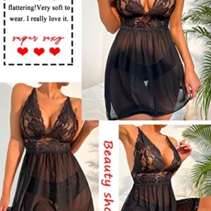 Avidlove Women V-neck Lace Babydoll Mesh Chemise Sleepwear Sexy Open Back Lingerie Black Medium