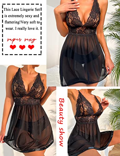 Avidlove Women V-neck Lace Babydoll Mesh Chemise Sleepwear Sexy Open Back Lingerie Black Medium