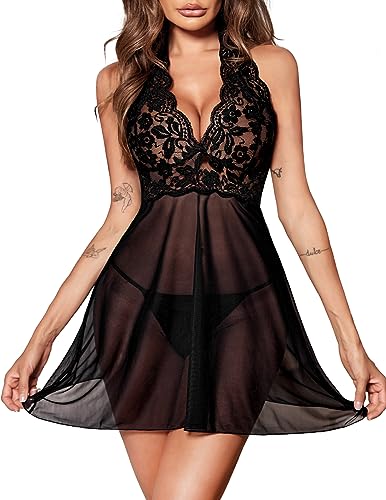 Avidlove Women Halter Lace Babydoll Mesh Sexy Lingerie Set Nightwear, Medium, Black Fba