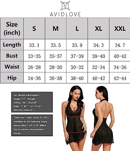 Avidlove Women Halter Lace Babydoll Mesh Sexy Lingerie Set Nightwear, Medium, Black Fba