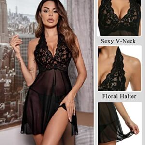 Avidlove Women Halter Lace Babydoll Mesh Sexy Lingerie Set Nightwear, Medium, Black Fba