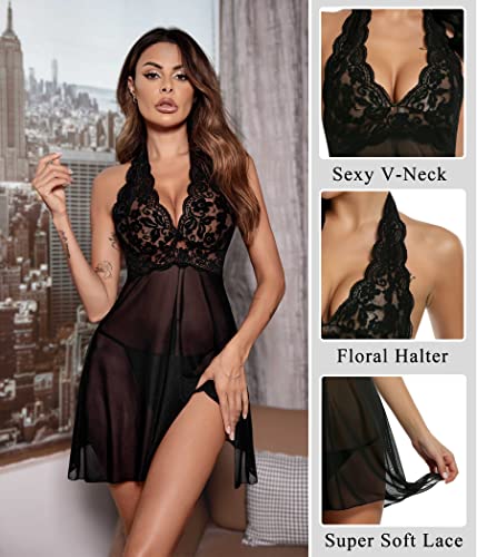 Avidlove Women Halter Lace Babydoll Mesh Sexy Lingerie Set Nightwear, Medium, Black Fba