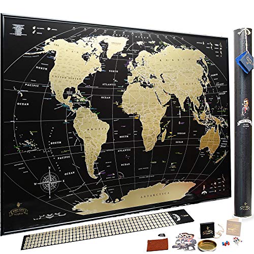 Scratch off map of the World MyMap Black Gold Large Travel map Wall Poster 35x25 Push pin map Includes Pins Tube Flags poster Map Scratch