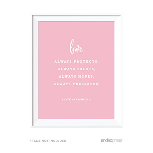 Andaz Press Biblical Wedding Love Quote Wall Art, Blush Pink Print Poster, 8.5x11-inch, Love Always Protects, Always Trusts, Always Hopes, Always Perseveres, 1 Corinthians 13:7, 1-Pack