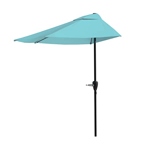 9-Foot Half Patio Umbrella – Easy Crank Semicircle Opening Shade Canopy – For Against a Wall, Porch, or Balcony Furniture by Pure Garden (Blue)