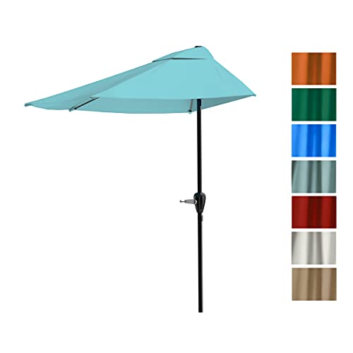 9-Foot Half Patio Umbrella – Easy Crank Semicircle Opening Shade Canopy – For Against a Wall, Porch, or Balcony Furniture by Pure Garden (Blue)