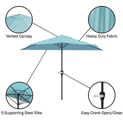 9-Foot Half Patio Umbrella – Easy Crank Semicircle Opening Shade Canopy – For Against a Wall, Porch, or Balcony Furniture by Pure Garden (Blue)