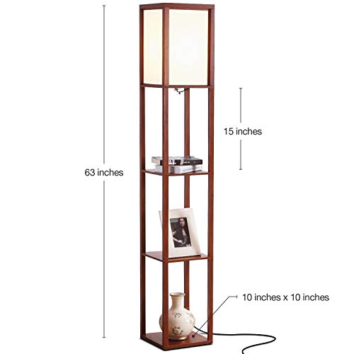 Brightech Maxwell - Modern Shelf Floor Lamp with Lamp Shade and LED Bulb - Corner Display Floor Lamps with Shelves for Living Room, Bedroom and Office - Walnut Brown