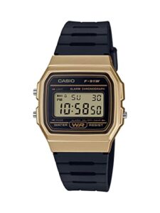 casio men's 'vintage' quartz metal and resin casual watch, color:black (model: f-91wm-9acf), black/gold