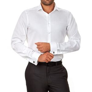 Calvin Klein Men's Dress Shirt Slim Fit Non Iron Herringbone French Cuff, White, 15.5" Neck 34"-35" Sleeve