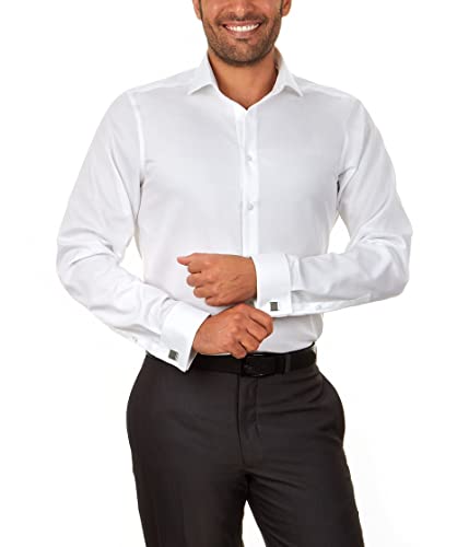 Calvin Klein Men's Dress Shirt Slim Fit Non Iron Herringbone French Cuff, White, 15.5" Neck 34"-35" Sleeve