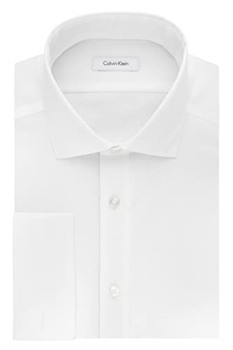 Calvin Klein Men's Dress Shirt Slim Fit Non Iron Herringbone French Cuff, White, 15.5" Neck 34"-35" Sleeve