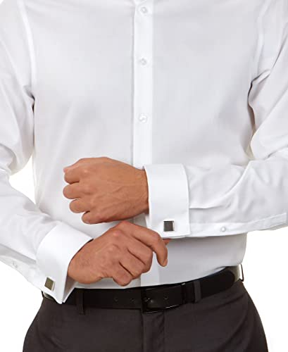 Calvin Klein Men's Dress Shirt Slim Fit Non Iron Herringbone French Cuff, White, 15.5" Neck 34"-35" Sleeve