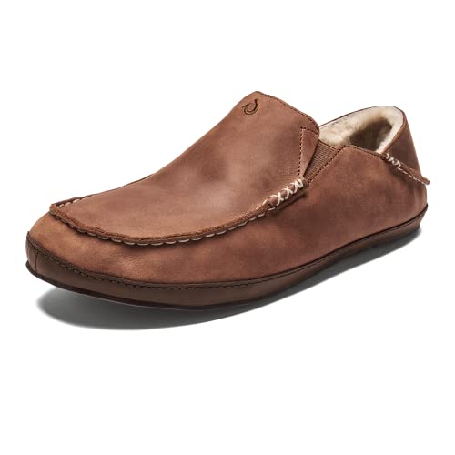 OLUKAI Moloa Slipper Men's Slippers, Premium Nubuck Leather Slip On Shoes, Shearling Lining & Gel Insert, Drop-In Heel Design, Toffee/Dk Wood, 11