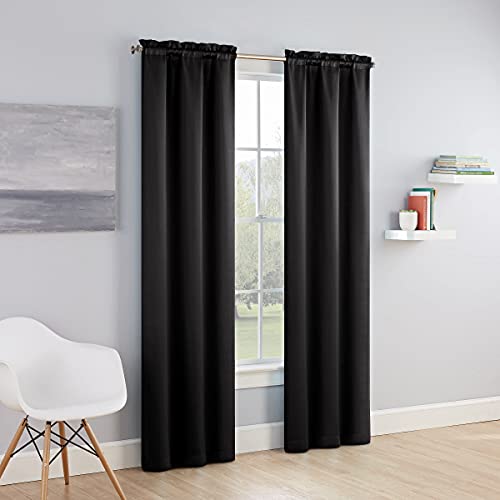 ECLIPSE Tricia Modern Room Darkening Thermal Rod Pocket Window Curtains for Bedroom (2 Panels), 26" x 63", Black