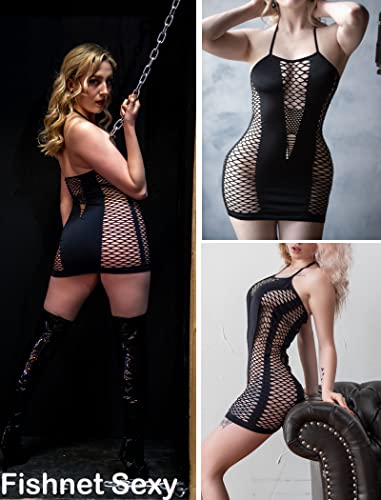 Avidlove Sexy Lingerie for Women Fishnet Dress Mesh Badydoll Fishnet Bodysuit See Through Chemise Black