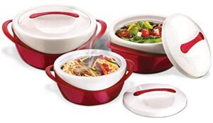 pinnacle insulated casserole dish with lid 3 pc. set 2.6/1.25/.6 qt. elegant hot pot food warmer/cooler - large thermal soup/salad serving bowl- stainless steel –best gift set for moms –holidays red