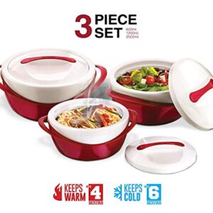 Pinnacle Insulated Casserole Dish with Lid 3 pc. set 2.6/1.25/.6 qt. Elegant Hot Pot Food Warmer/Cooler - Large Thermal Soup/Salad Serving Bowl- Stainless Steel –Best Gift Set for Moms –Holidays Red