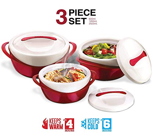 Pinnacle Insulated Casserole Dish with Lid 3 pc. set 2.6/1.25/.6 qt. Elegant Hot Pot Food Warmer/Cooler - Large Thermal Soup/Salad Serving Bowl- Stainless Steel –Best Gift Set for Moms –Holidays Red