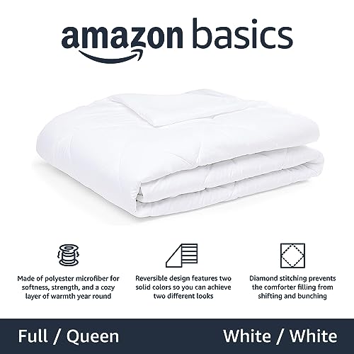 Amazon Basics Reversible, Lightweight Microfiber Comforter Blanket, Full/Queen, White