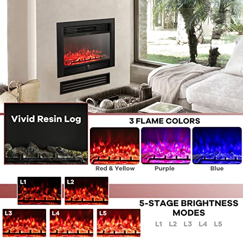 Giantex Wall Fireplace Electric with Remote Control, 28.5" Electric Fireplace Insert Recessed Mounted with 3 Color Adjustable Flames, 2 Modes Heat, 8 H Timer, 5 Brightness Settings, 750/1500W Heater