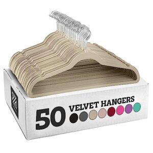 zober velvet hangers 50 pack - heavy duty ivory hangers for coats, pants & dress clothes - non slip clothes hanger set - space saving felt hangers for clothing