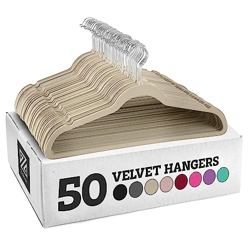 Zober Velvet Hangers 50 Pack - Heavy Duty Ivory Hangers for Coats, Pants & Dress Clothes - Non Slip Clothes Hanger Set - Space Saving Felt Hangers for Clothing