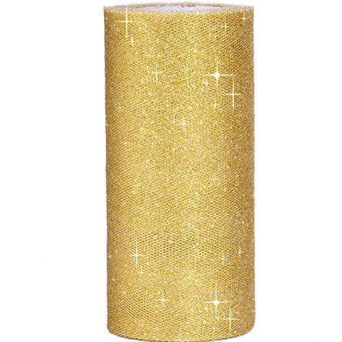 Outus 6 Inch Gold Tulle Ribbon Roll Christmas Glitter Sparkling Tulle Roll Tulle Spool, 25 Yards