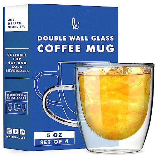 Kitchables Double Wall Glass Coffee Mugs Set of 4, 5oz with Handle Insulated Glass Coffee Mug without Handle, Clear Coffee Mugs, Tasas Transparente Para Café Bonitas