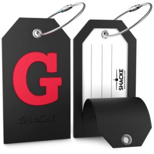 Large Luggage Tag Initial with Full Privacy Cover and Stainless Steel Loop (Black) (G)