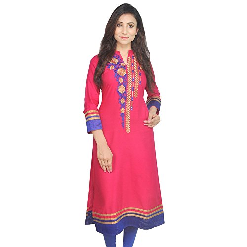 Chichi Indian Women's Embroidered Rayon Kurti Red-Blue For Casual/Daily/Party Wear