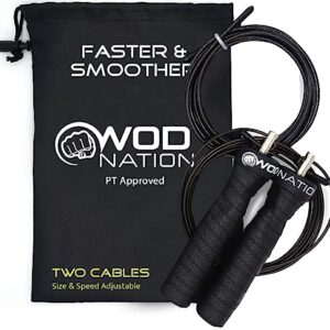 WOD Nation Attack Speed Jump Rope : Adjustable Jumping Ropes : Unique Two Cable Skipping Workout System : One Thick and One Light 11 Foot Cable : Perfect for Double Unders forHiit : Fits Men and Women