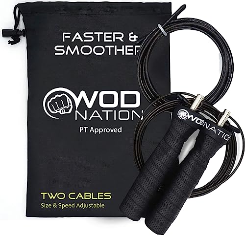 WOD Nation Attack Speed Jump Rope : Adjustable Jumping Ropes : Unique Two Cable Skipping Workout System : One Thick and One Light 11 Foot Cable : Perfect for Double Unders forHiit : Fits Men and Women