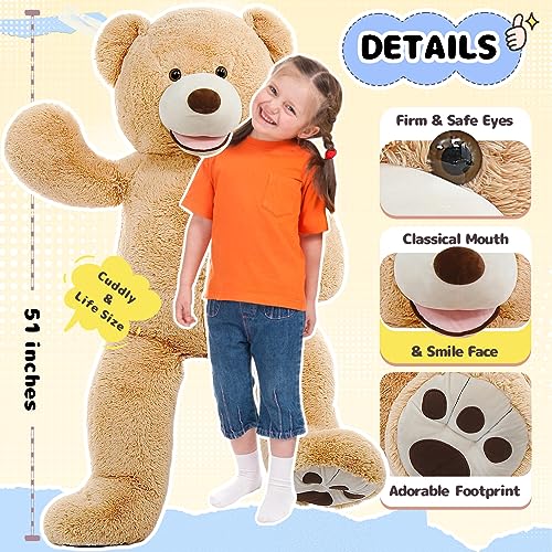 DOLDOA 4.3ft Big Teddy Bear Stuffed Animals with Footprints, Life Size Teddy Bear Plush for Girlfriend 51 inch, Light Brown