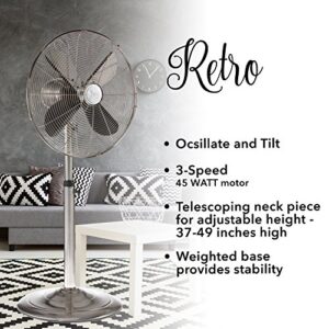 DecoBREEZE Pedestal Standing Floor Fan, Indoor 3-Speed Oscillating Fan with Adjustable Height, Stainless, Retro Fan, 16 inches