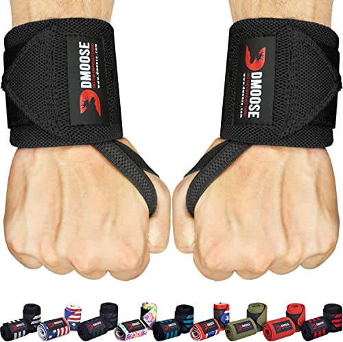 DMoose gym wrist straps for men 12 and 18 Inches Thumb Loops with Wrist Support for Workouts Powerlifting Wrist Straps for Weight Lifting Men and Women Black II