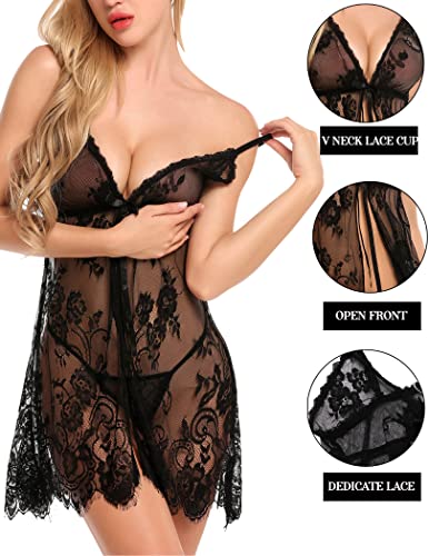 Avidlove Babydoll Lingerie for Women Bridal Lace Chemise Sexy Lingerie Dress Sheer Nightdress Black, M